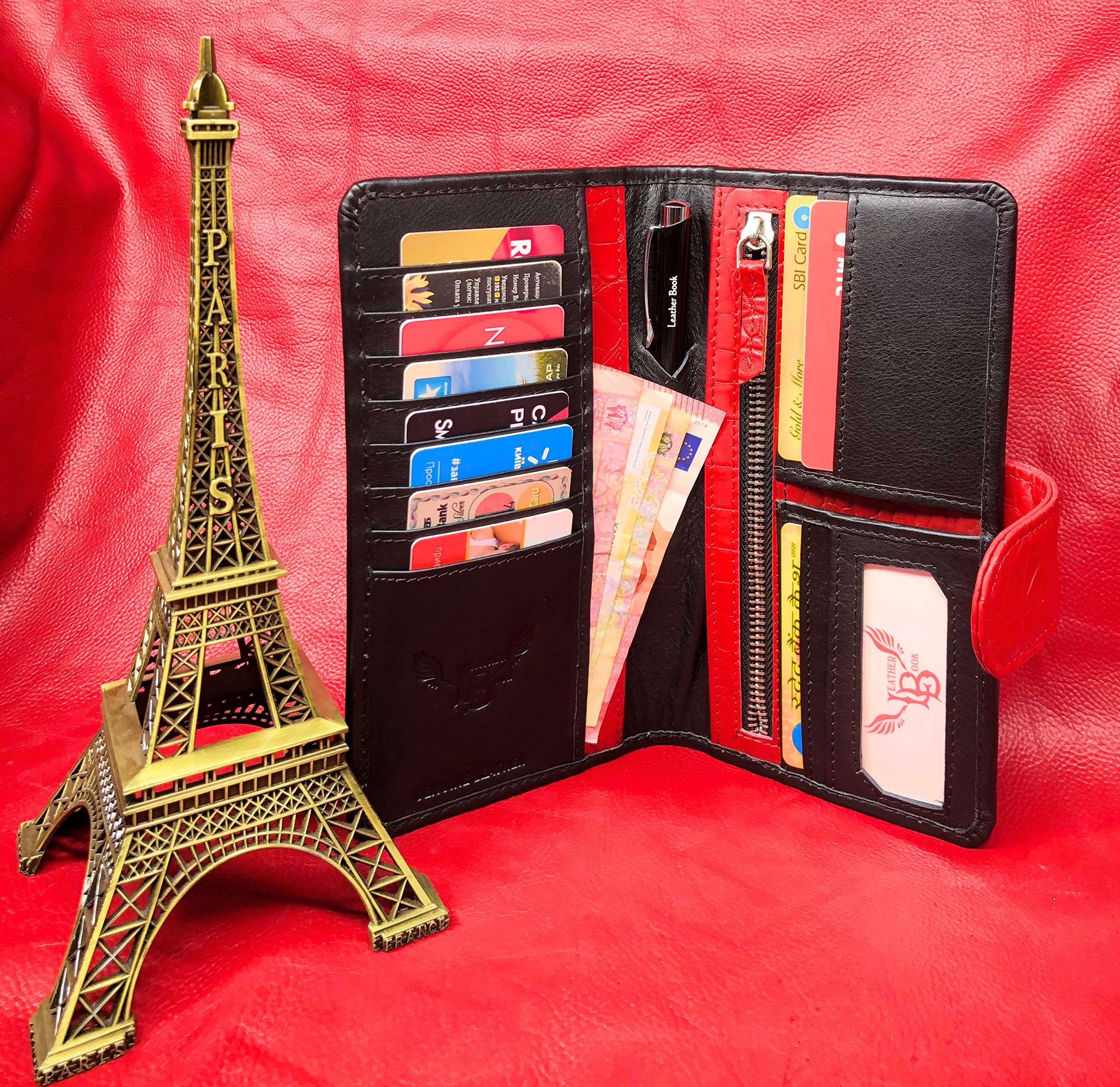 Leather Book LW-1804 Red Crocodile Ladies Wallet|10 card slots|1 card window|4 slide pockets|1 zip pocket | Black Cowhide & Red cowhide Crocodile Print Leather