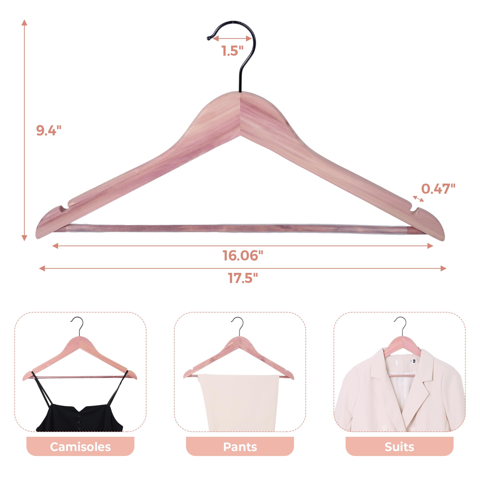 JS HANGER American Red Cedar Hangers 10 Pack, Smooth Finish Wood Coat Hangers for Suit Shirt, Aromatic Cedar Clothes Hangers with Swivel Hook & Notches for Dress, Jacket, Pants
