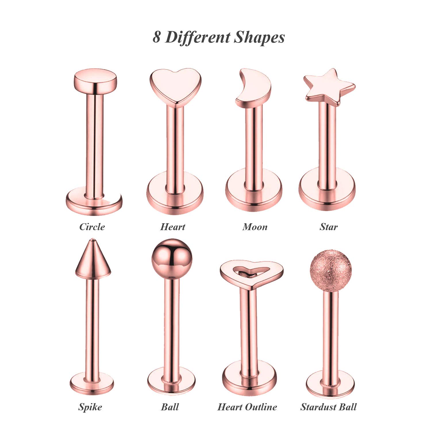 BodyJ4You 19PC Labret Stud Straight Tragus Bar Set 16G Rose Goldtone Lip Retainer Piercing Jewelry