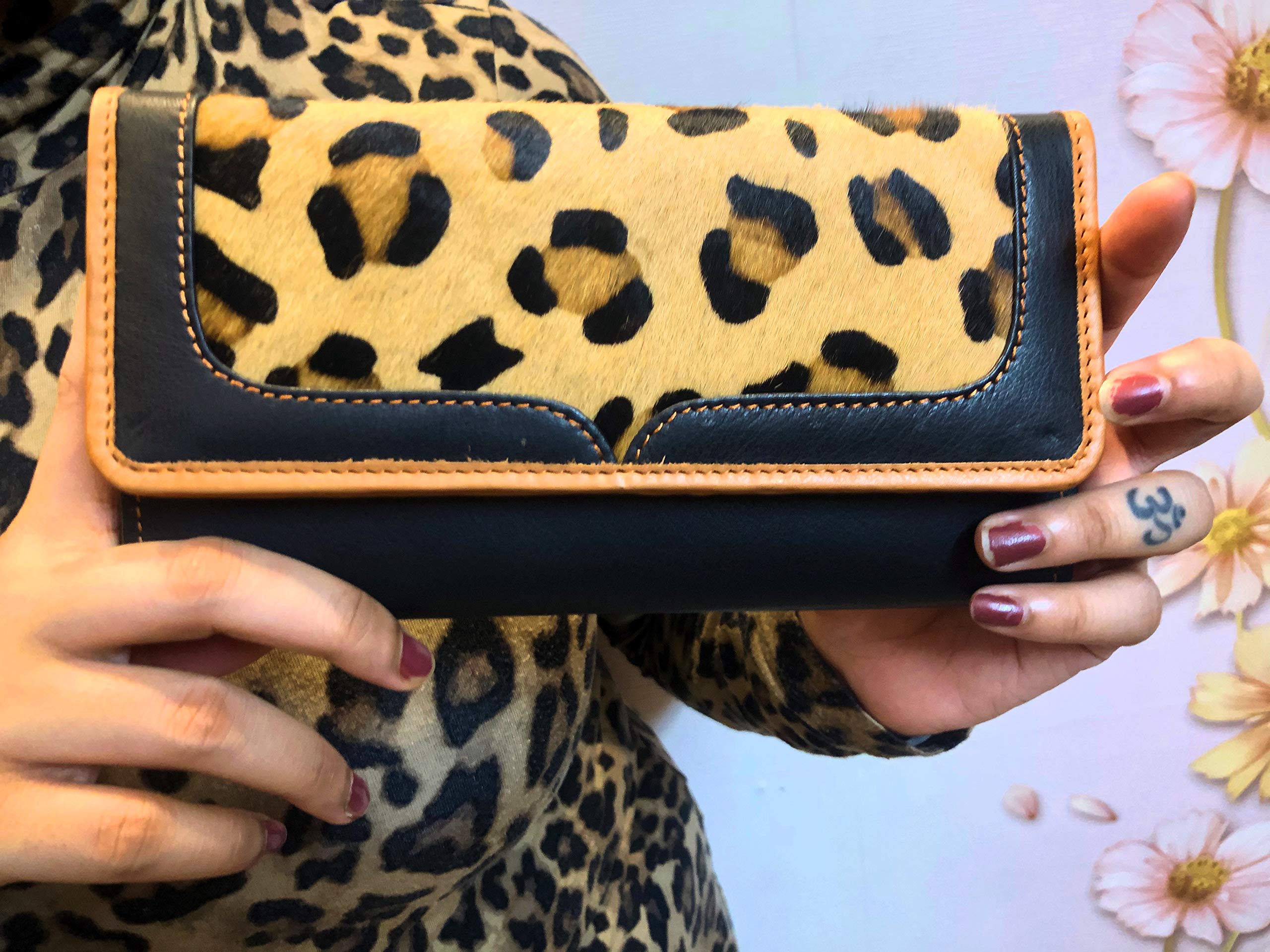 Leather Book® LW-1802 TAJ Leopard Ladies Wallet|11 card slots|1 card window|4 slide pockets|1 zip compartment pocket| 1 back silver metal zip pocket | Black, Tan Cowhide & Jersey leopard Print Leather