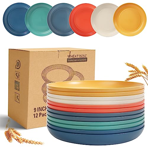 OAMCEG 12 Pack Plastic Plates Reusable 9 Inches Unbreakable Eco-Friendly Lightweight Wheat Straw Plates, Salad Plates, Camping Plates, Dinner Plates, Dishwasher & Microwave Safe, BPA FREE