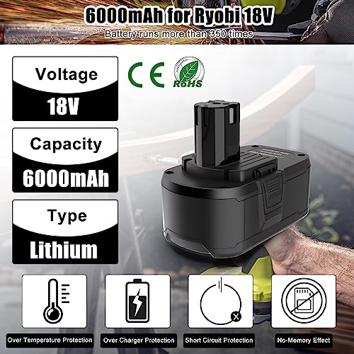 REACELL 2Pack 6.0Ah 18 Volt Replacement Batteries for Ryobi Lithium 18V Battery P197 P189 P108 P191 P190 P102 P103 PBP005 P104 P105 P107 P122 Compatible for Ryobi 18V Cordless Tools