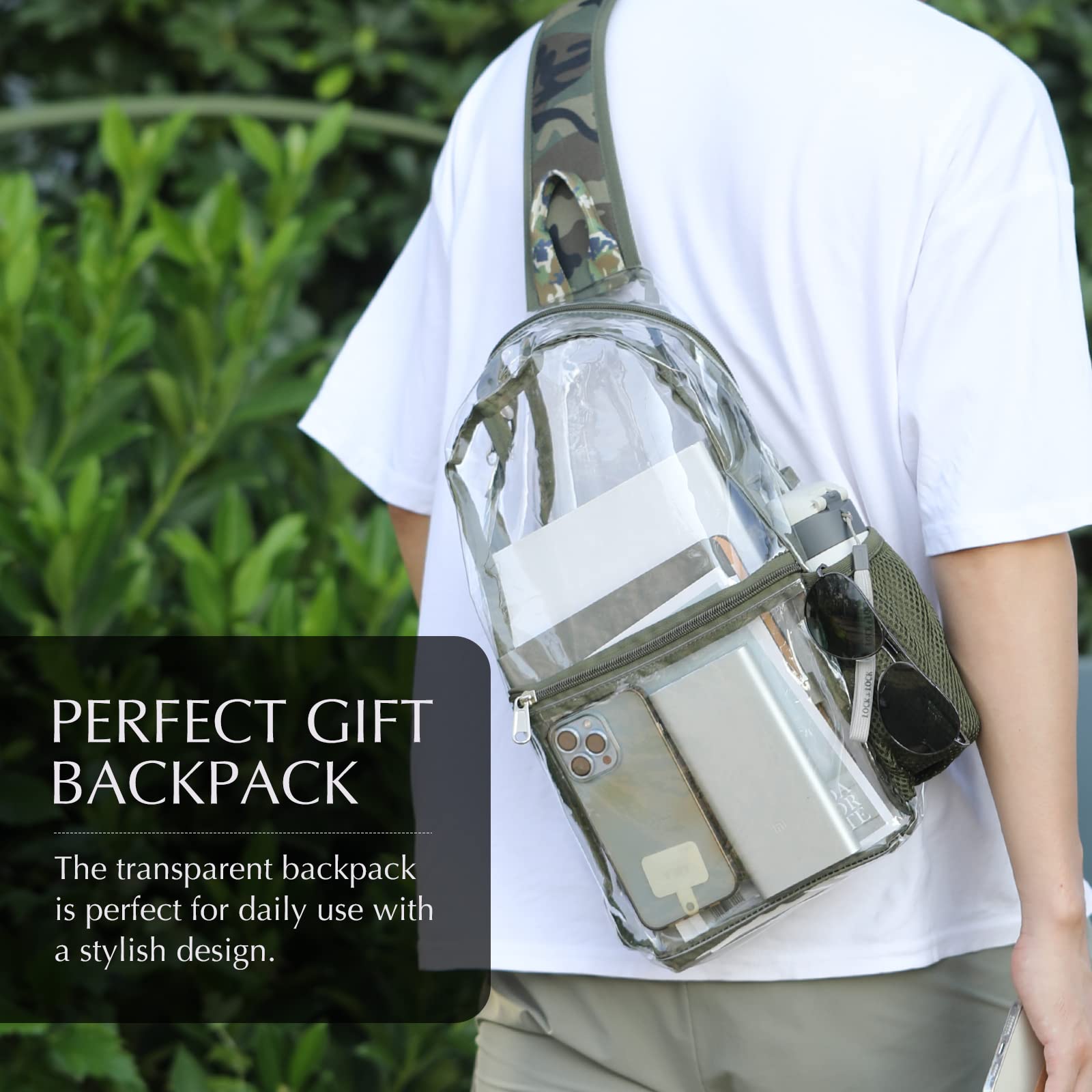 CLEKEGBAG Clear Sling Bag Crossbody Camouflage Backpack - See Through Concert Approved - One Strap Transparent Plastic Sling Bag for Men (15x4.5x9 inches)