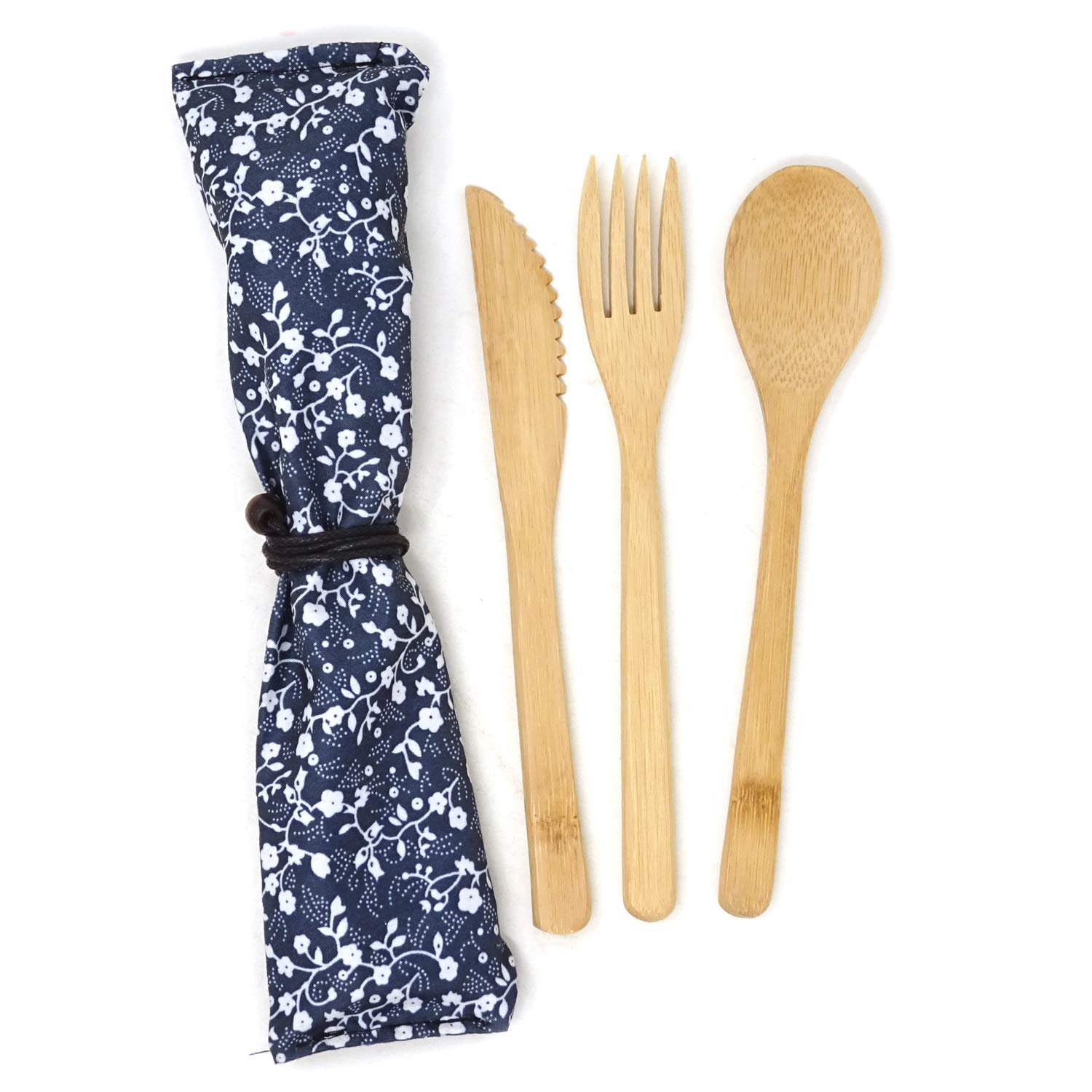 Honbay 3PCS Japanese Style Creative Eco-friendly Bamboo Flatware Set Reusable Utensils with a Retro Pouch -Spoon, Fork, Knife