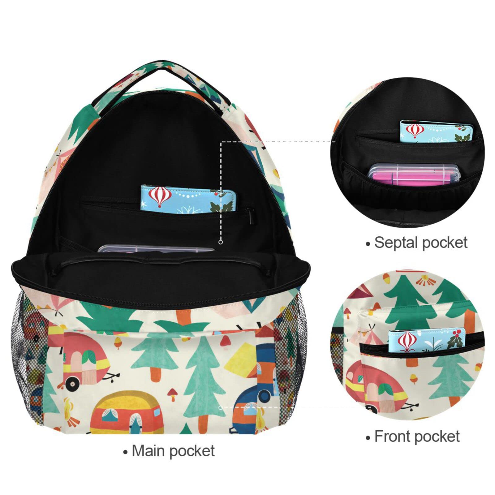 Camper Caravans and Tents in Forest Custom School Backpack for Boys Girls, Personalized Name Elementary School Bookbag Travel Bag Daypack