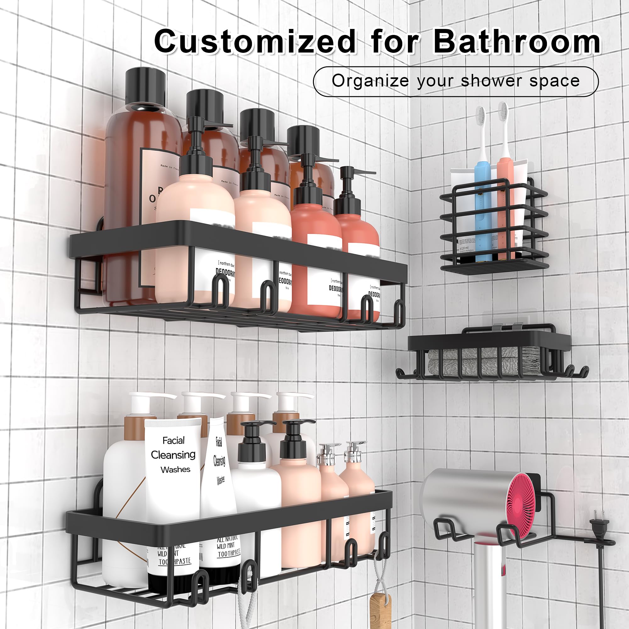 GOMALL Shower Caddy, 5 Pack Bathroom Organizers and Storage, Rustproof Stainless Steel Shower Organizer Bathroom Shelves With Large Capacity,No Drilling Shelves For Bathroom, Apartment Essentials,Home