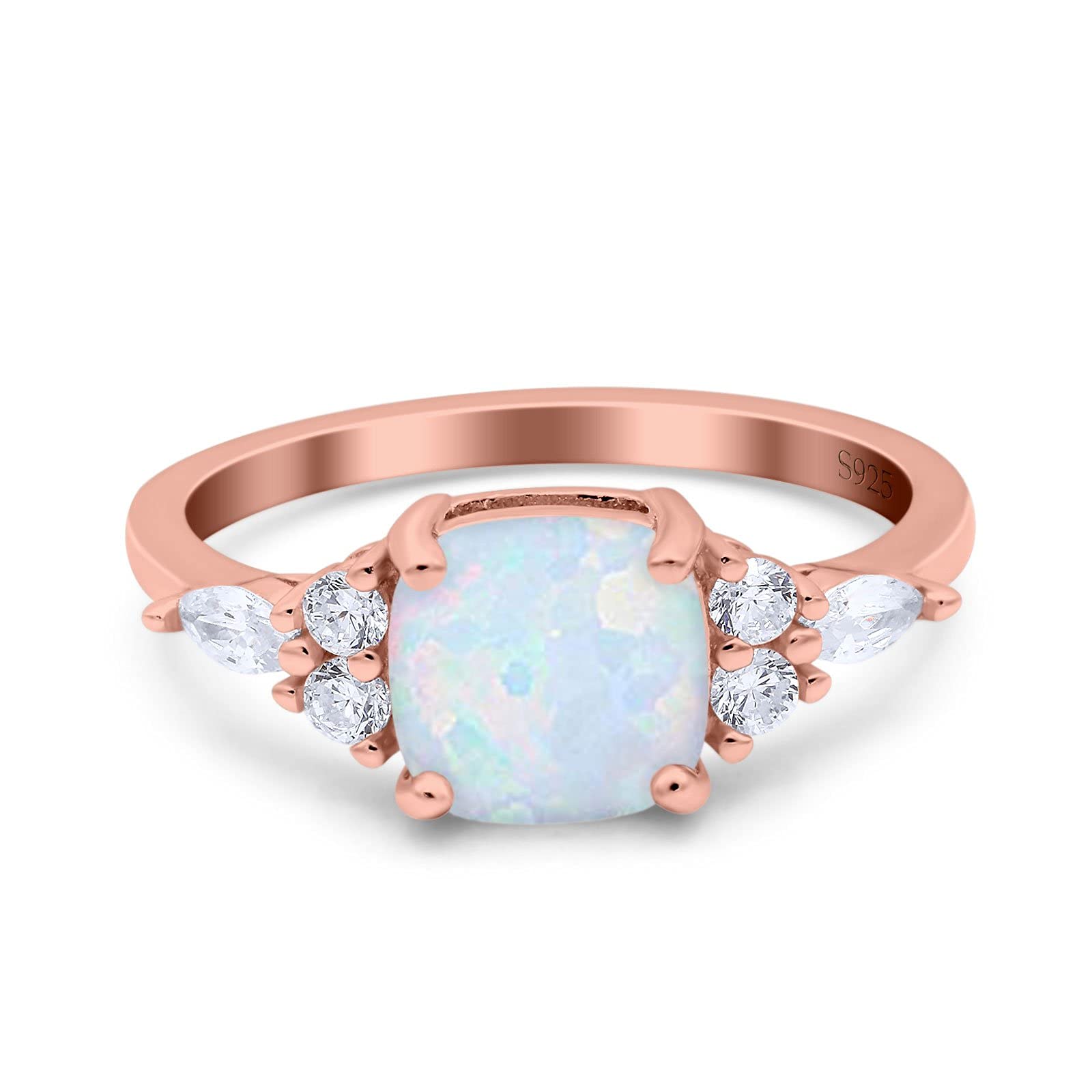 Blue Apple Co. Rose Tone, Lab Created White Opal Size-7 Cushion Cut Marquise Art Deco Engagement Wedding Bridal Ring CZ 925 Sterling Silver