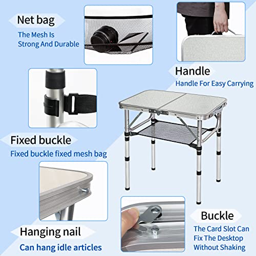 FURFIMU Small Folding Table,3 Adjustable Height Foldable Table,2Ft Portable Camping Table,Outdoor Folding Table with Net Mesh,Folding Beach Table,White Metal Folding Table for Patio BBQ