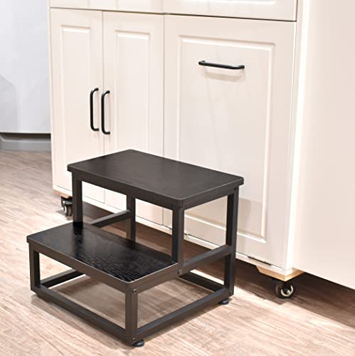 SZLHANJZ Step Stools for Adults & Kids, Bed Steps for High Beds for Adults, Multi-Purpose Metal and Wooden Step Stool with Round Corner, 2 Steps Bedside Kitchen Toilet Stool Hold Up to 500 LB, Black