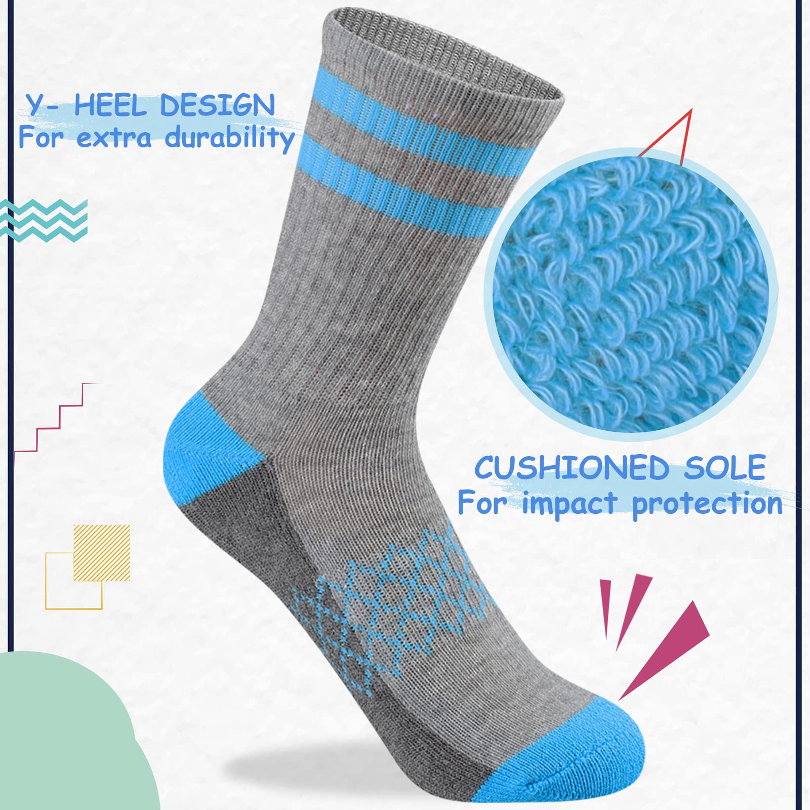 Comfoex Boys Crew Socks 8-10 6-8 4-6 Years Old Athletic Long Cotton Socks For Kids Half Cushioned Calf Socks 6 Pairs