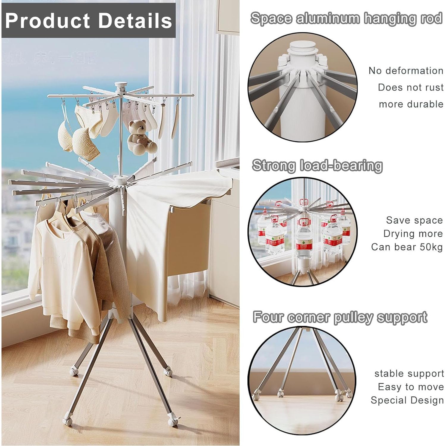 gooatry Double-Layer Four-Foot Clothes Drying Rack,Foldable Portable Clothes Rack with Four Wheels,Drying Garment Rack-16+6Arms for Hanger,Space Saving (Aluminum), Silver