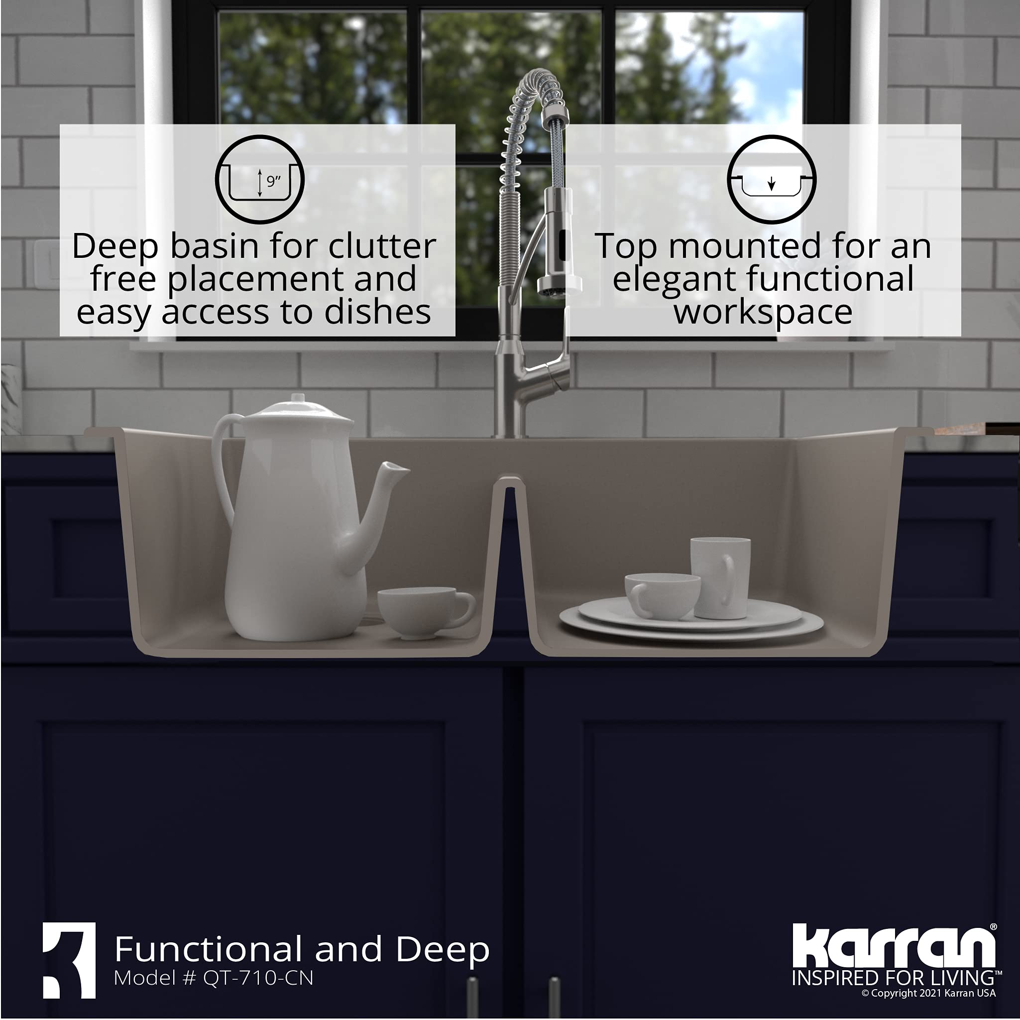 Karran QT-710 Drop-in Quartz Composite 33 in. 1-Hole 50/50 Double Bowl Kitchen Sink Kit in Concrete