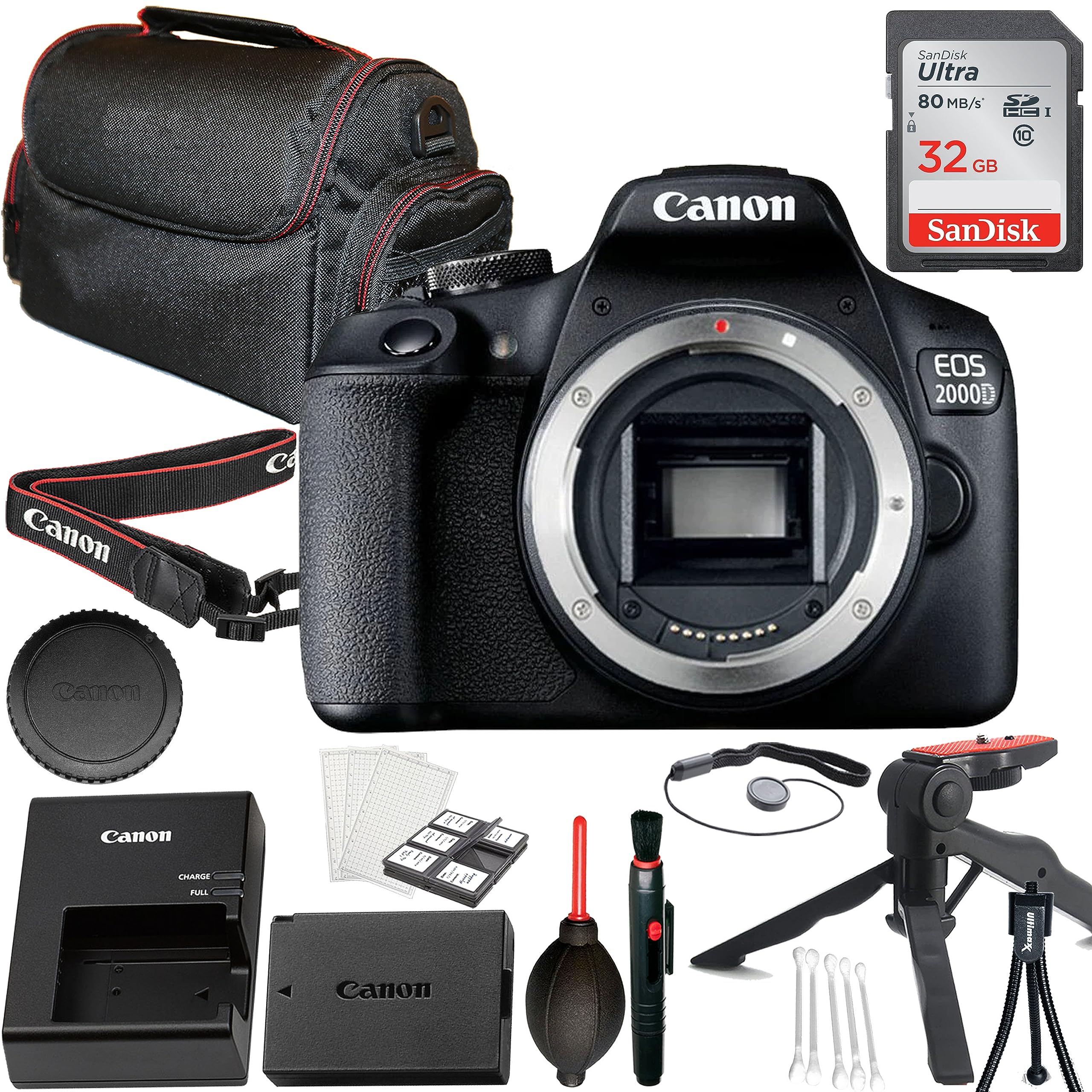 Canon EOS 2000D / Rebel T7 DSLR Camera (Body Only) + 32GB Memory Card + Tripod + Case + Cleaning Kit & More