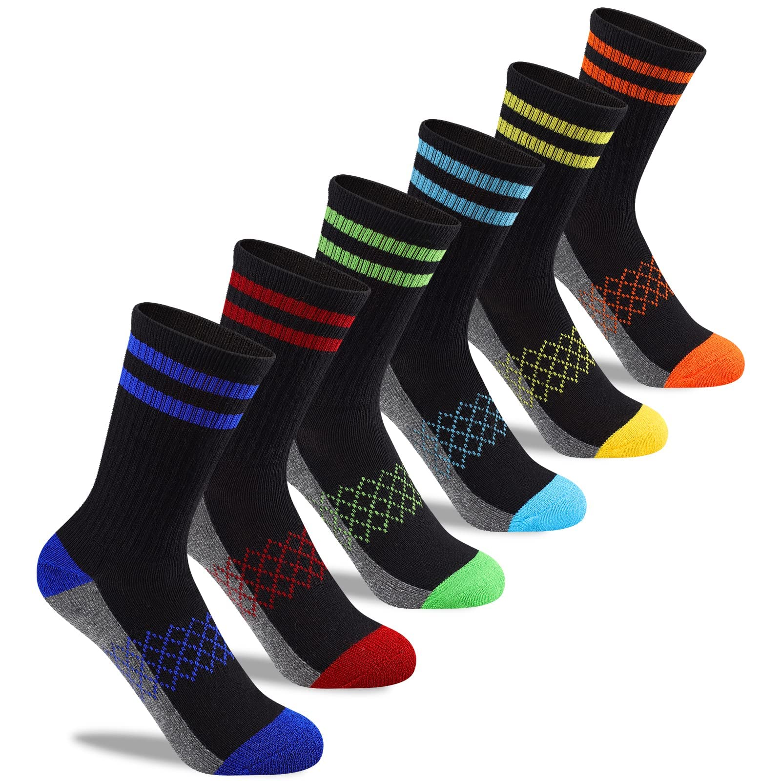 Comfoex Boys Crew Socks 8-10 6-8 4-6 Years Old Athletic Long Cotton Socks For Kids Half Cushioned Calf Socks 6 Pairs