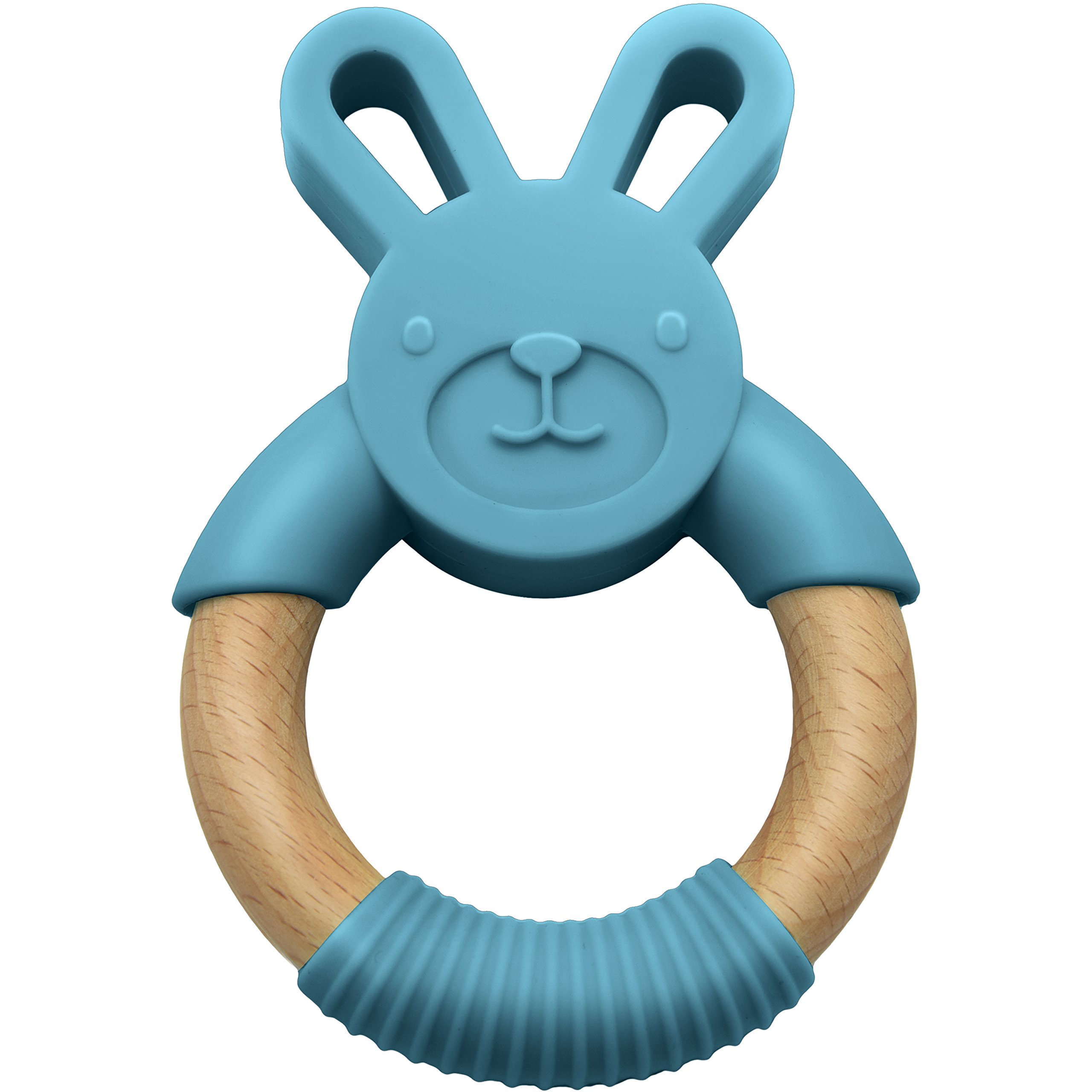LittleFoot Nation Organic & Natural Bunny Rabbit Baby Teether Ring, 100% BPA Free Pure Food Grade Silicone & Beech Wood, Teething Pain Relief Toy for Toddlers & Infants (Blue)