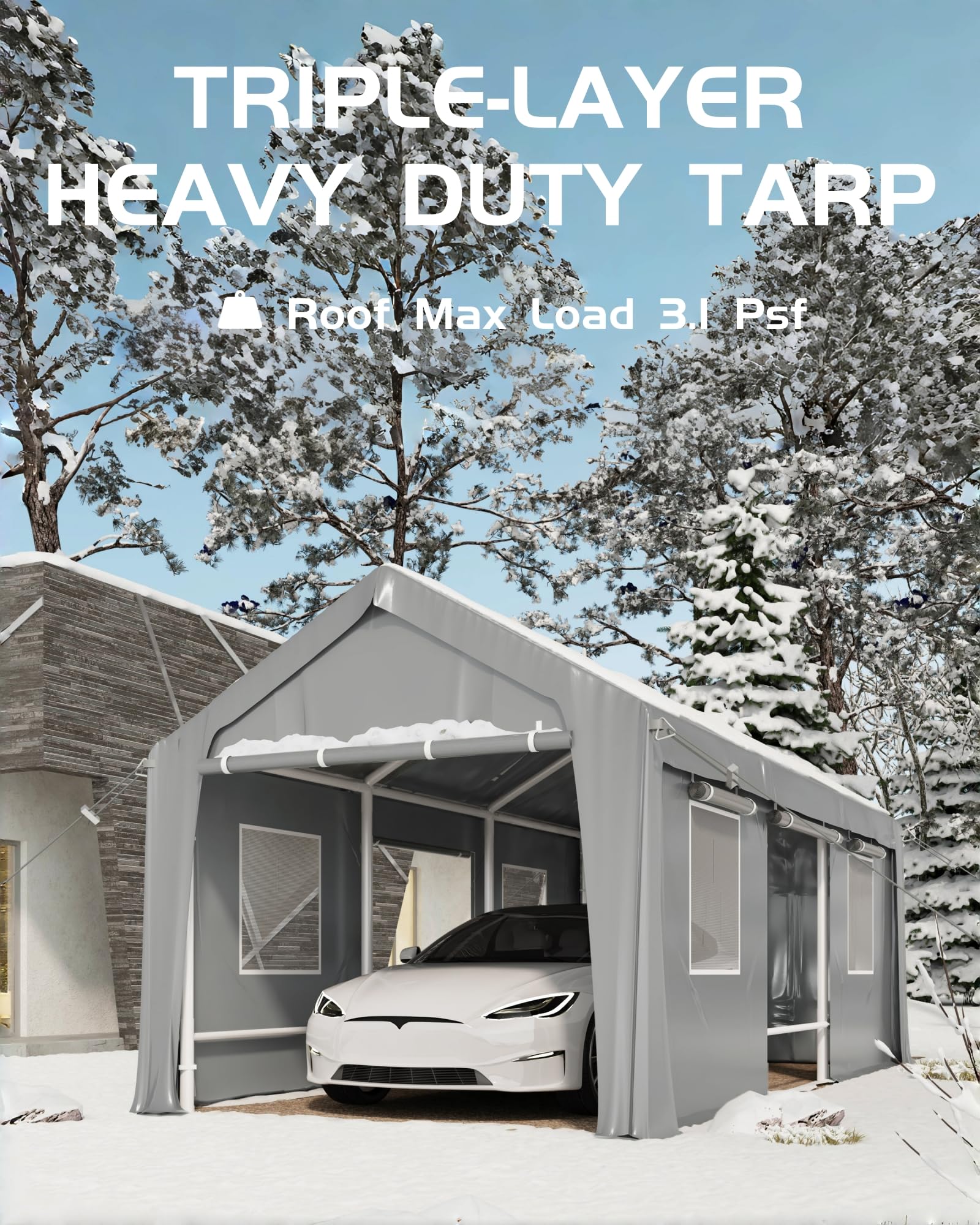 GarveeLife Windproof Carpor, 13'x20', Reinforced Frames & 180 g PE Canopy, Front & Rear Doors, Portable Garage for Pickup, Boat, Equipment - Gray