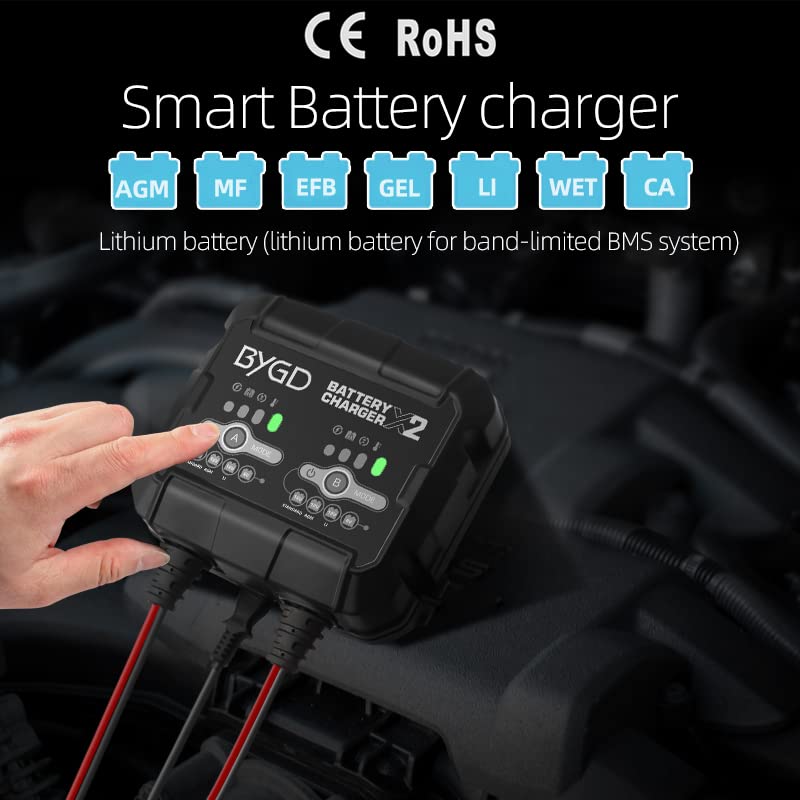 BYGD 6V and 12V Smart Battery Charger 2-Bank, 4-Amp (2-Amp Per Bank) Fully-Automatic Smart Charger, Battery Maintainer, and Battery Desulfator with Temperature Compensation (Upgraded)