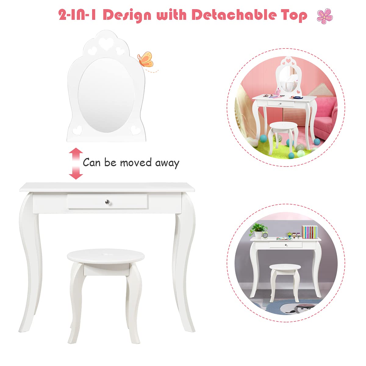 HONEY JOY Kids Vanity Set with Mirror, Toddler Wooden Vanity Table with Stool & Drawer, Removable Top, Princess Pretend Play Beauty Makeup Dressing Table Playset for Little Girls(White)