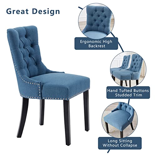 Kingfun Dining Chairs Set of 2, Upholstered Tufted Kitchen&Dining Room Chairs, Modern Accent Chairs Side Chair for Dinner Table/Waiting Room, Padded Nailhead Fabric Parsons Chairs(Solid Wooden, Blue)