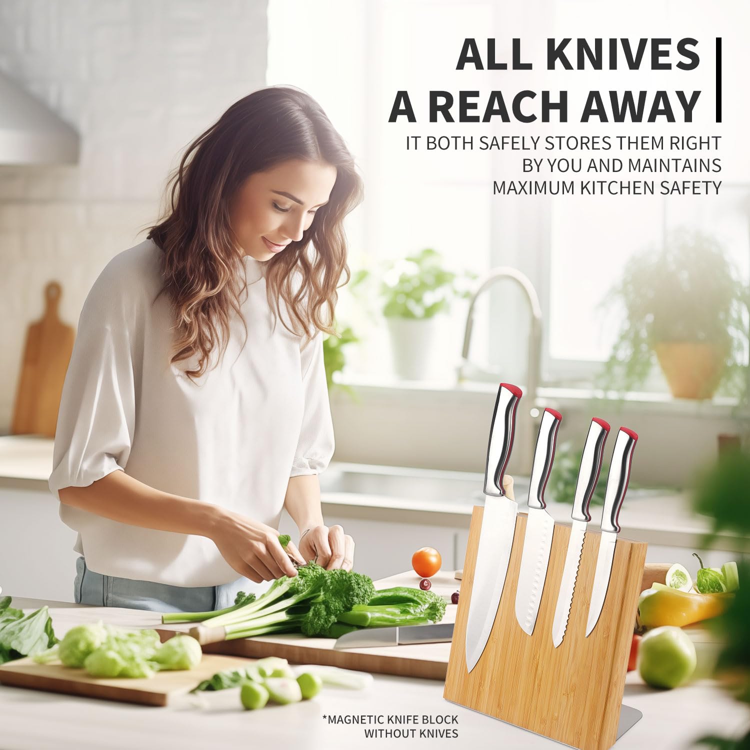 GOOD HELPER Magnetic Knife Holder, Small Magnetic Knife Block Sided Magnetic Knife Stand Stable Knife Magnetic Block Bamboo 9 Inch