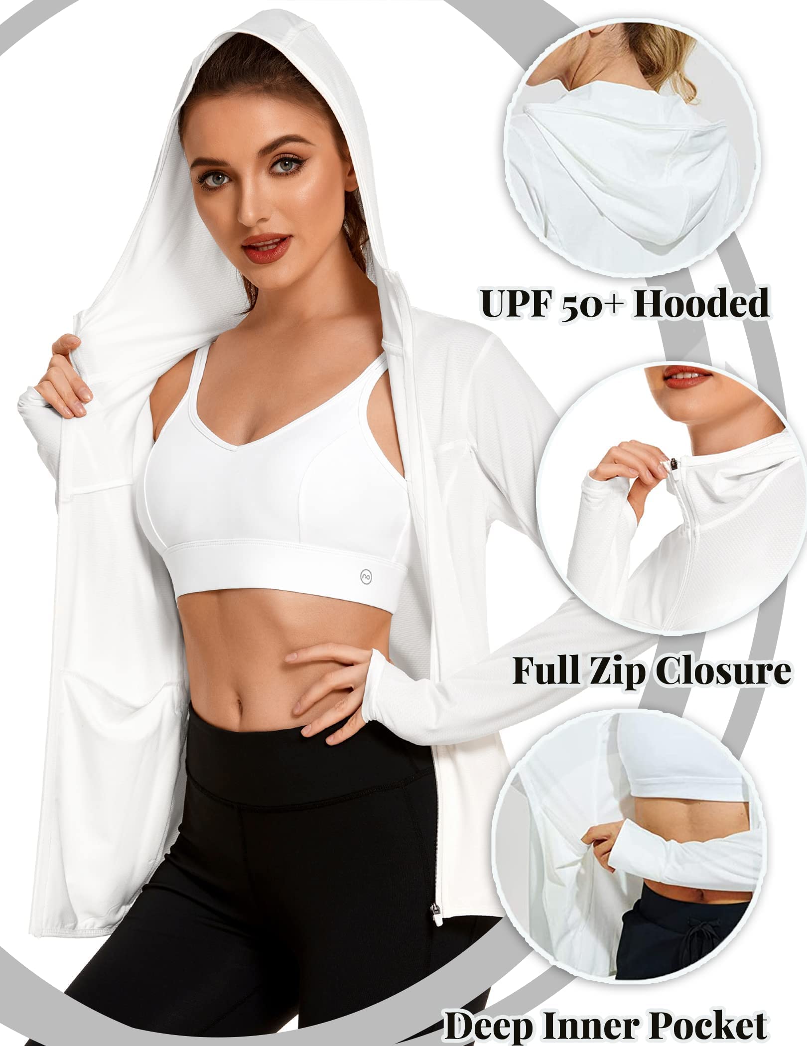COOrun Women's UPF 50+ Sun Protection Hoodie Jacket Lightweight Full Zip Running Jacket Athletic Jacket with Thumb Holes White XL