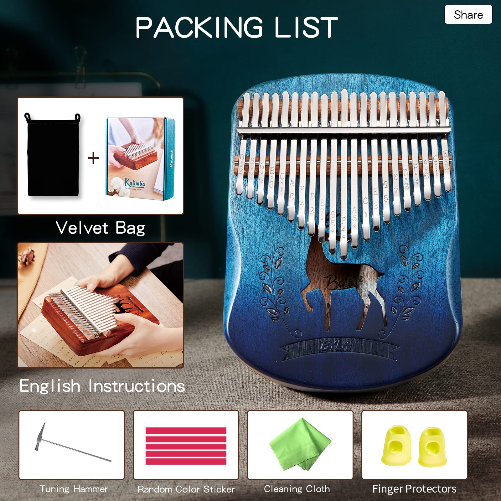 Byla Kalimba 21 Keys Play More Songs Solid Wood Mahogany Portable Thumb piano Finger piano Deer Gradient Blue Mbira Calimba Marimba Musical Instruments for Adults Chind and Beginners
