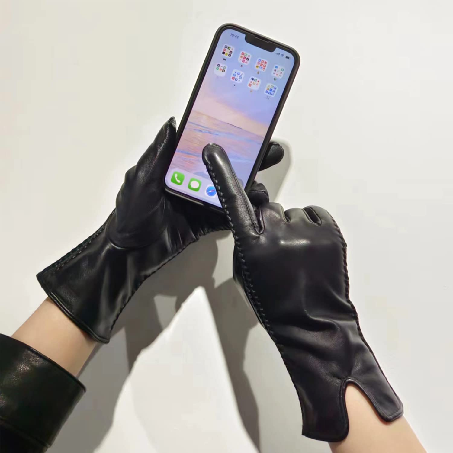 MaxW Leather Gloves for Women Winter, Touchscreen Gloves for Cold Weather with Warm Lining, L