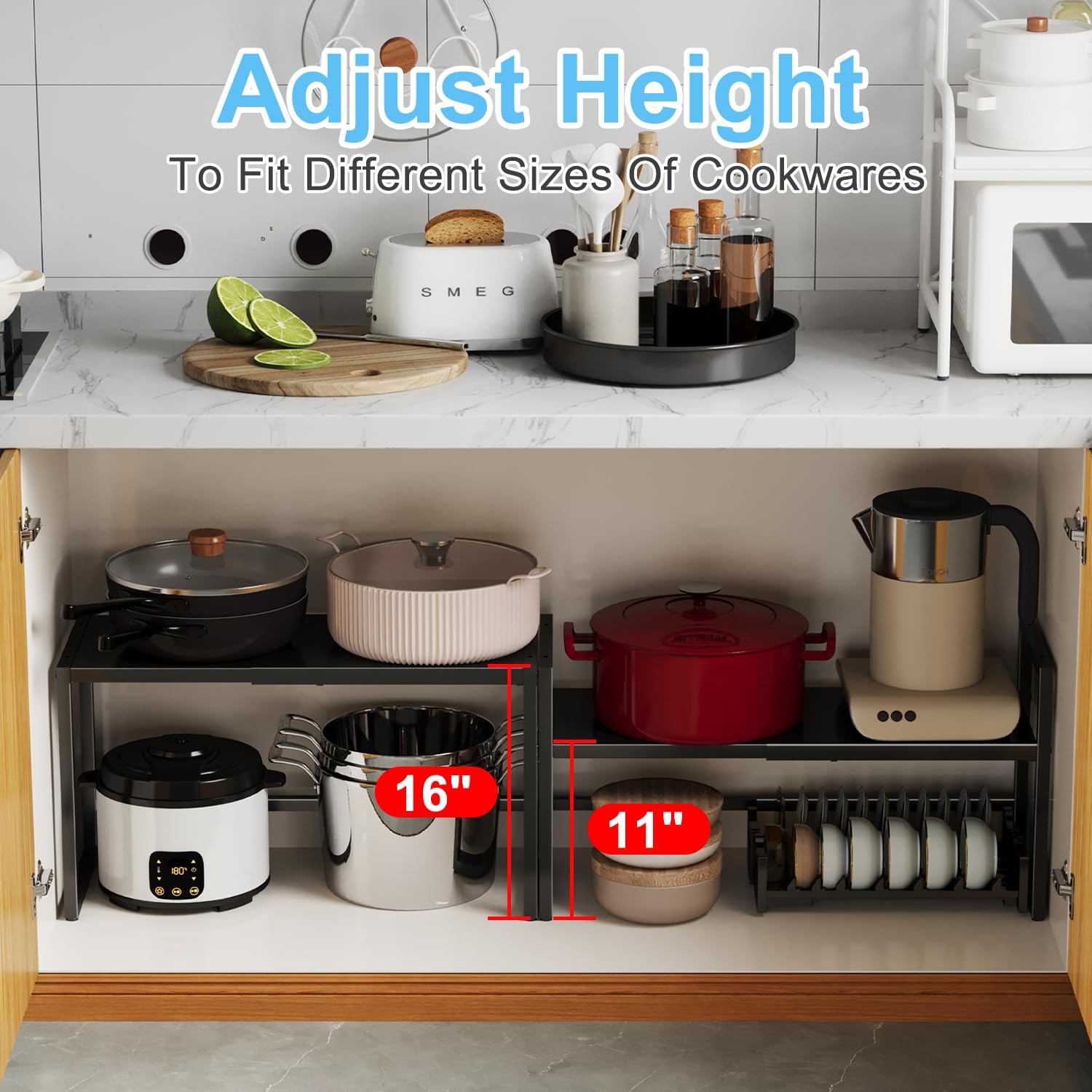 Expandable Metal Storage Shelves, 110LBS Heavy Duty Shelving Units and Storage For Pots Pans Small Appliances, Adjustable Metal Storage Shelf Rack For kitchen Cabinets Closet Pantry Warehouse Garage