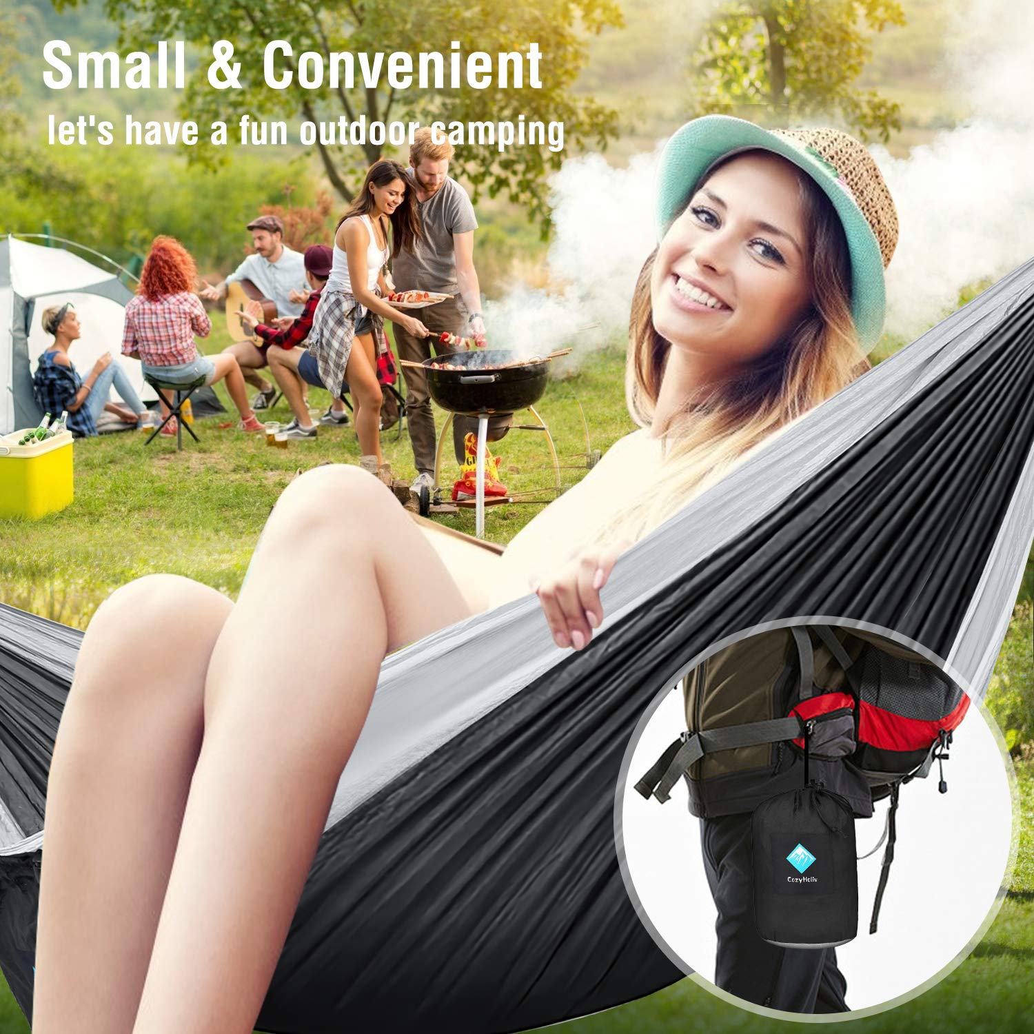 Camping Hammock, Single Hammocks Portable Parachute for Outdoor Hiking Travel Backpacking - 210D Nylon Hammock Swing for Backyard & Garden 55''W*108''L (Black/Gray)