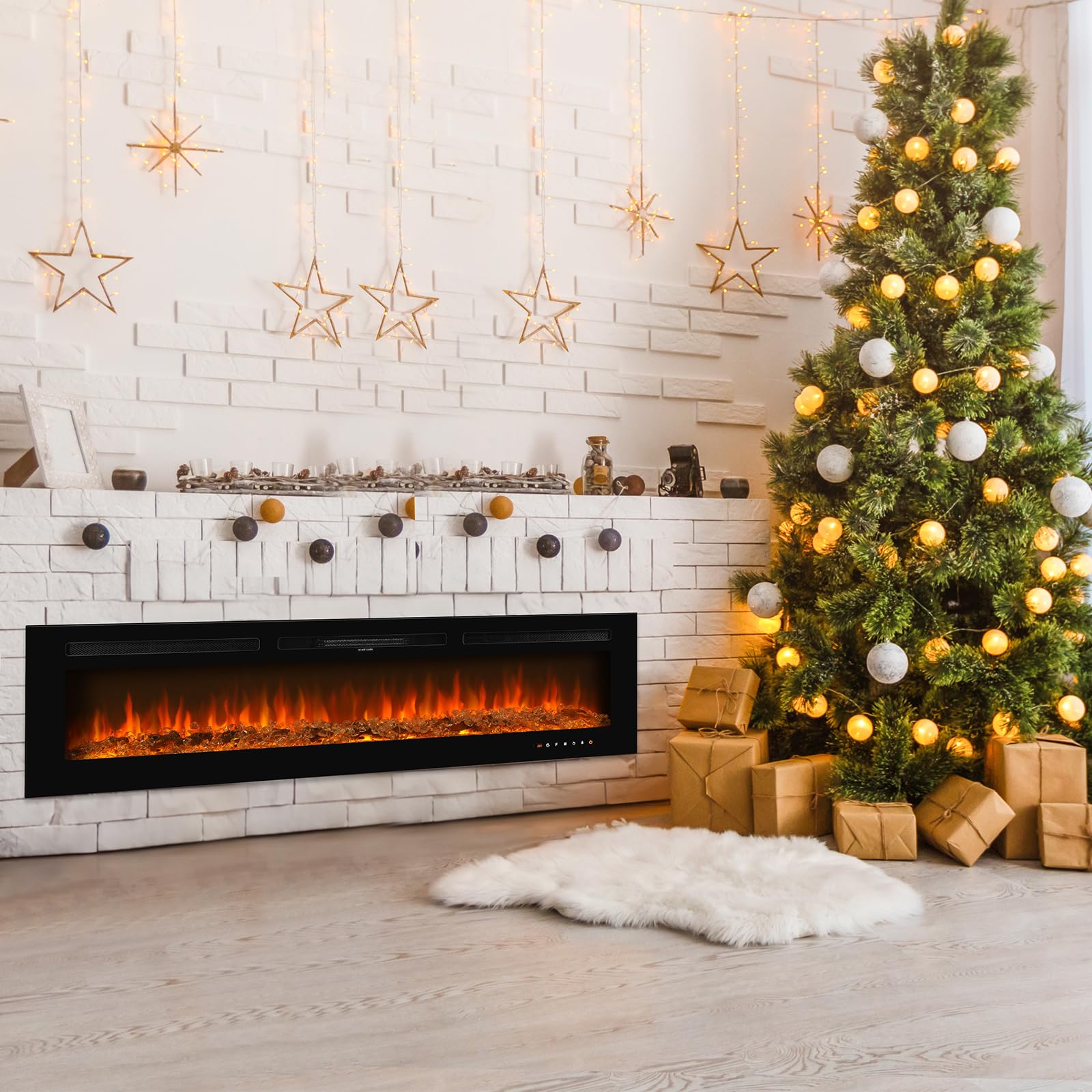 Clevich 60 inches Electric Fireplace Insert and Wall Mounted with Multicolor Flame,750w/1500w Fireplace Heater Low Noise,Fire Place for The Living Room,Touch Screen Remote Control with Timer,Black