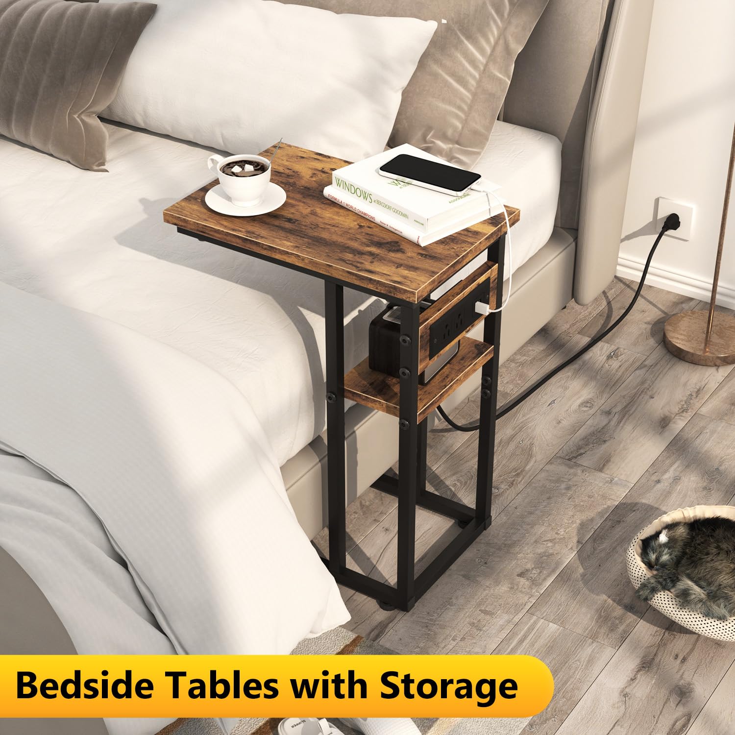 C Shaped End Table with Charging Station, 2 Tier Sturdy C Shaped Side Table Bedside Tables with Metal Frame for Living Room Bedroom, C Shaped Sofa Couch Table Snack Table Coffee Table, Rustic Brown