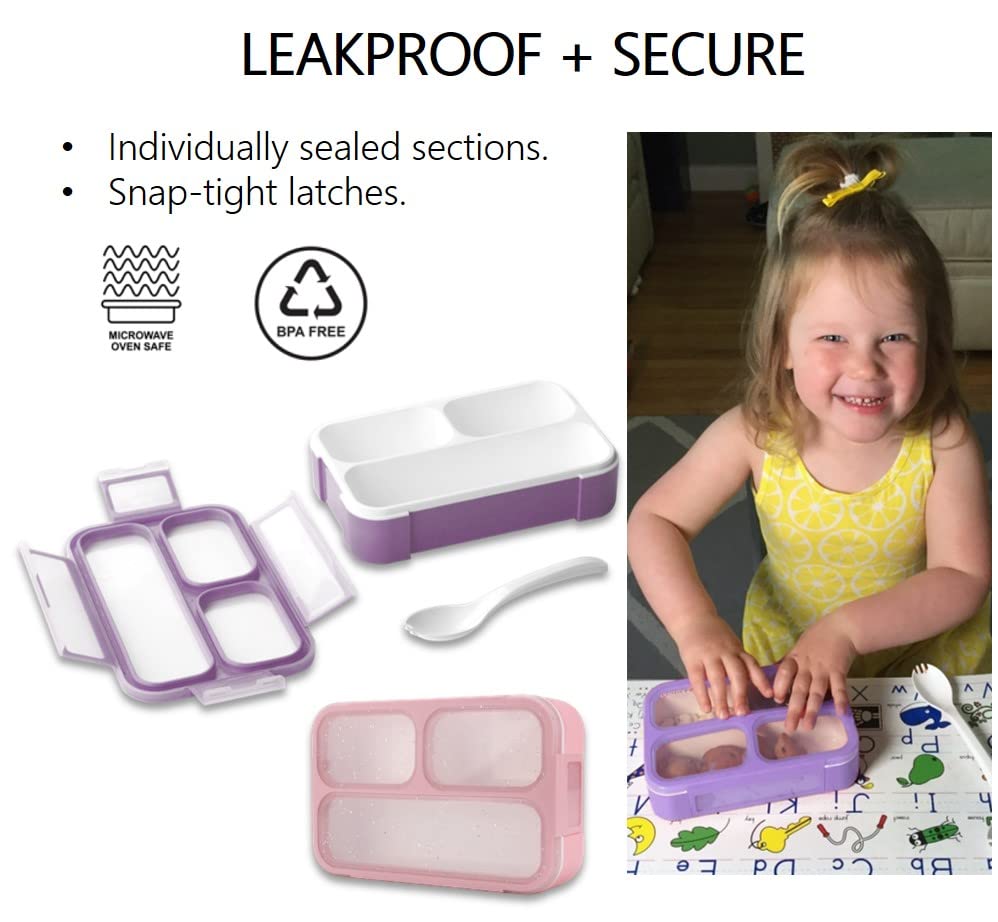 kinsho Kids Snack Container - Mini Bento Lunch-Box, Small Leakproof Container Boxes for Toddlers Girls Snacks Lunches, 3 Compartment - School Daycare Portion Containers, Pink Purple Glitter Set of 2