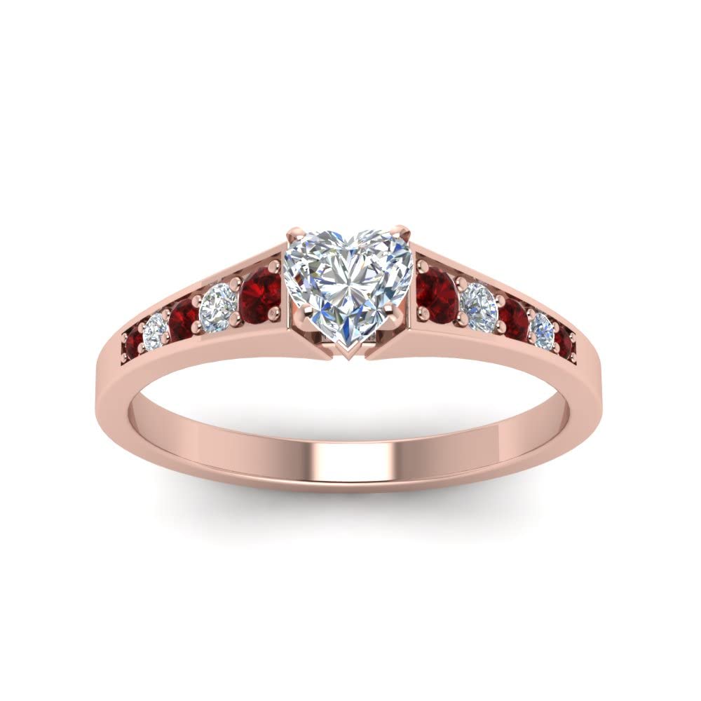 CustomizedGifts Graduated Pave Accent Diamond Ring rose gold plated Created Ruby Heart shape Red color Side Stone Engagement Rings pave Setting in Size 9 Handcraft Chakra Healing