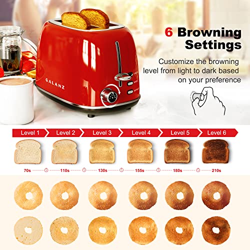Galanz GLCMKZ09RDR09 Retro Countertop Microwave Oven with Auto Cook & Reheat, Quick Start Functions, Easy Clean with Glass Turntable, Pull Handle, 0.9 cu ft, Red & 2 Slice Retro Toaster, Retro Red