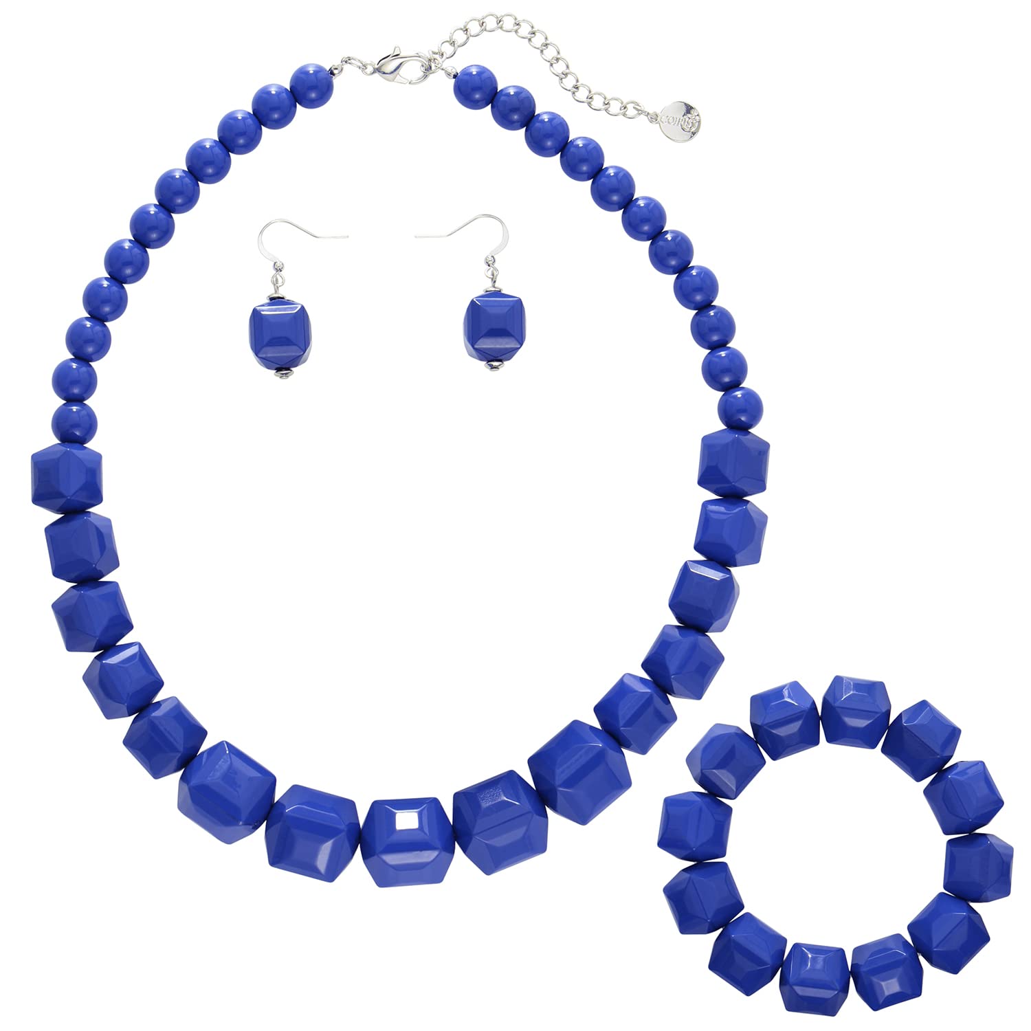 Coiris Chunky Red Acrylic Beads Strand Necklaces Set,Statement Geometric Beads Necklace Earrings,Acrylic African Beaded Necklace for Accessory Jewelry(ST0009-Royal Blue)