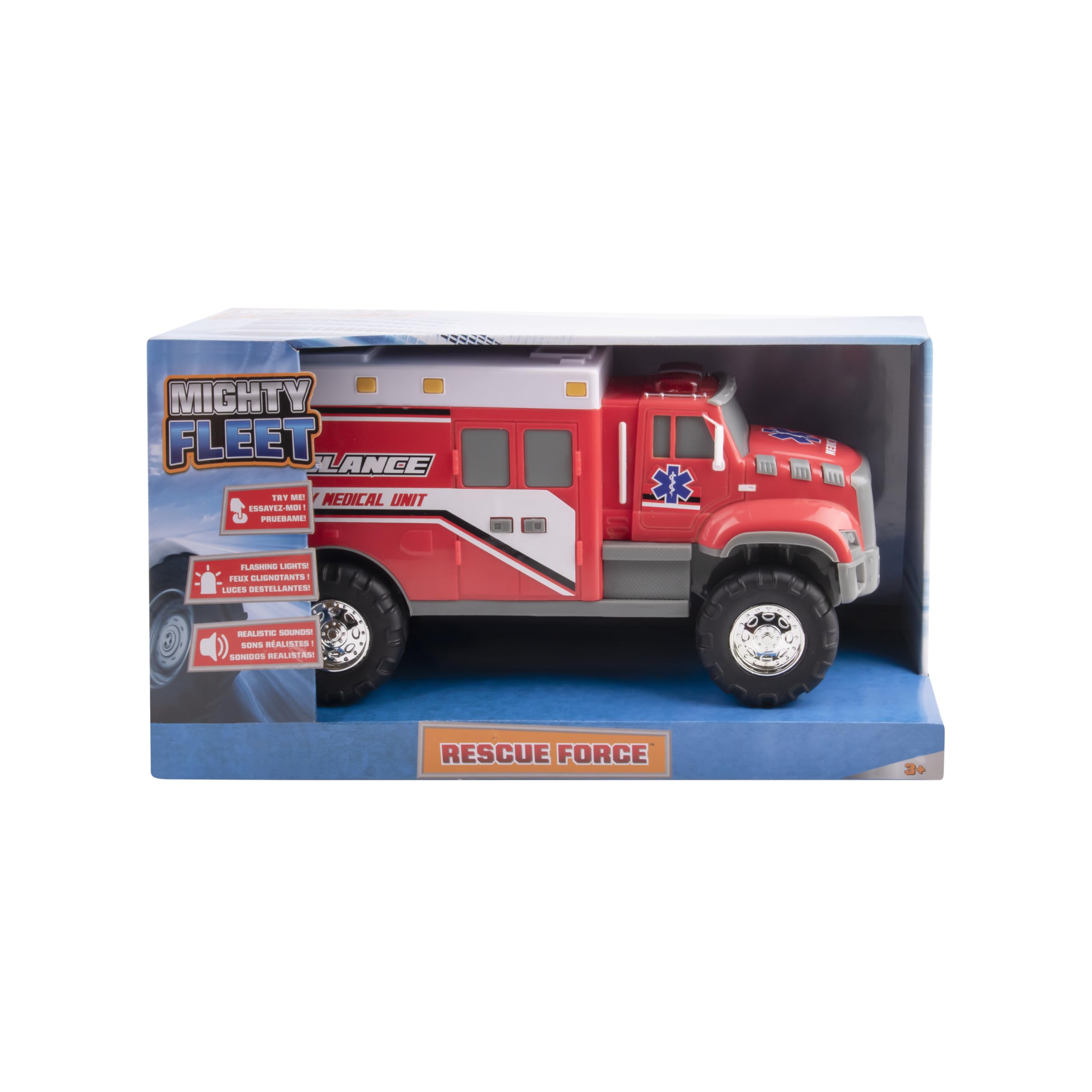 Mighty Fleet Rescue Force 12" Tough Cab Ambulance Toy w/Lights & Sounds, Realistic Design for Rugged Play, Ages 3+, Free Wheeling Play
