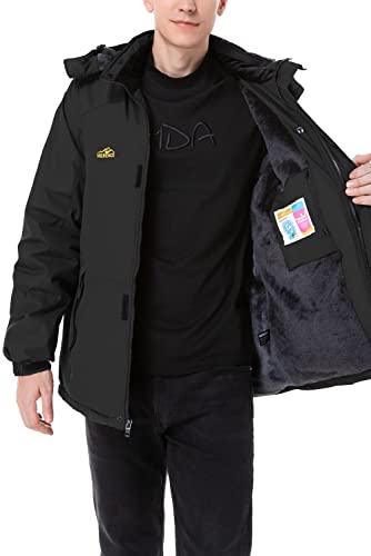 Men's Mountain Waterproof Ski Jacket Windproof Rain Jacket Winter Warm Snow Coat II with Removable Hood U120WCFY028,Black,S