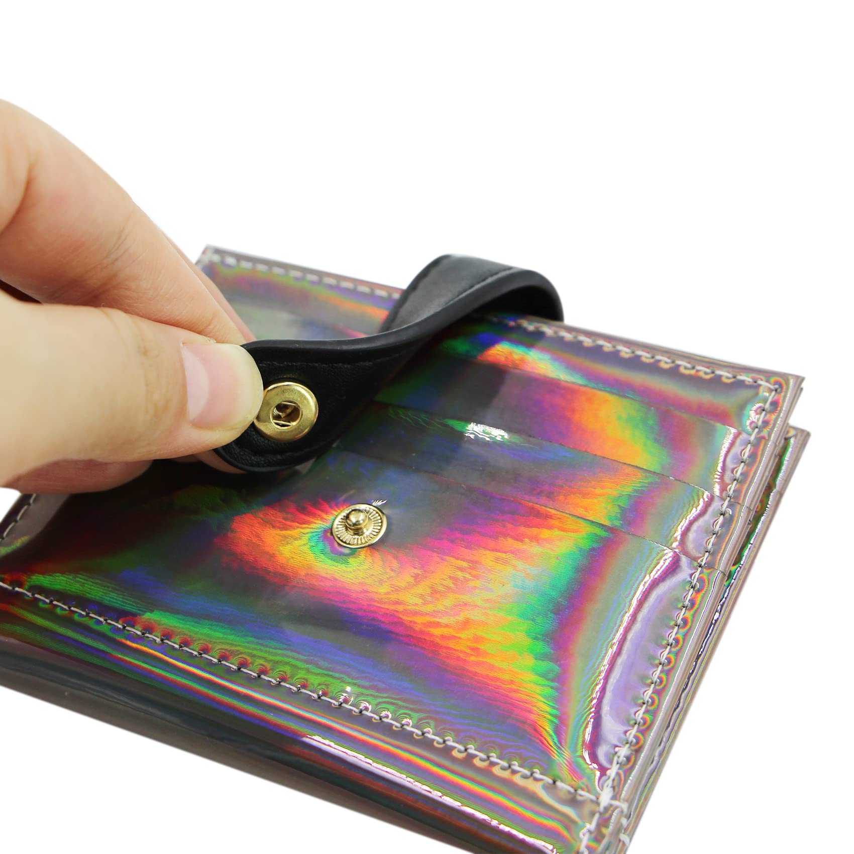 MINGSEECESS Women Bifold Leather Small Wallet Shiny Holographic Zipper Card Holder Coin Change Wallet Clutch Purse with 2 Straps