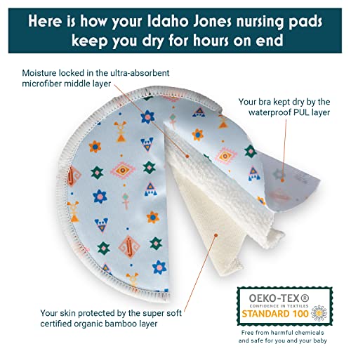 Idaho Jones Washable Reusable Nursing Pads for Breastfeeding - Oeko-Tex Certified Organic Bamboo Breast Pads with Laundry Bag & Waterproof Carrying Bag - Soft Ultra Absorbent Postpartum Pads - 5 Pairs
