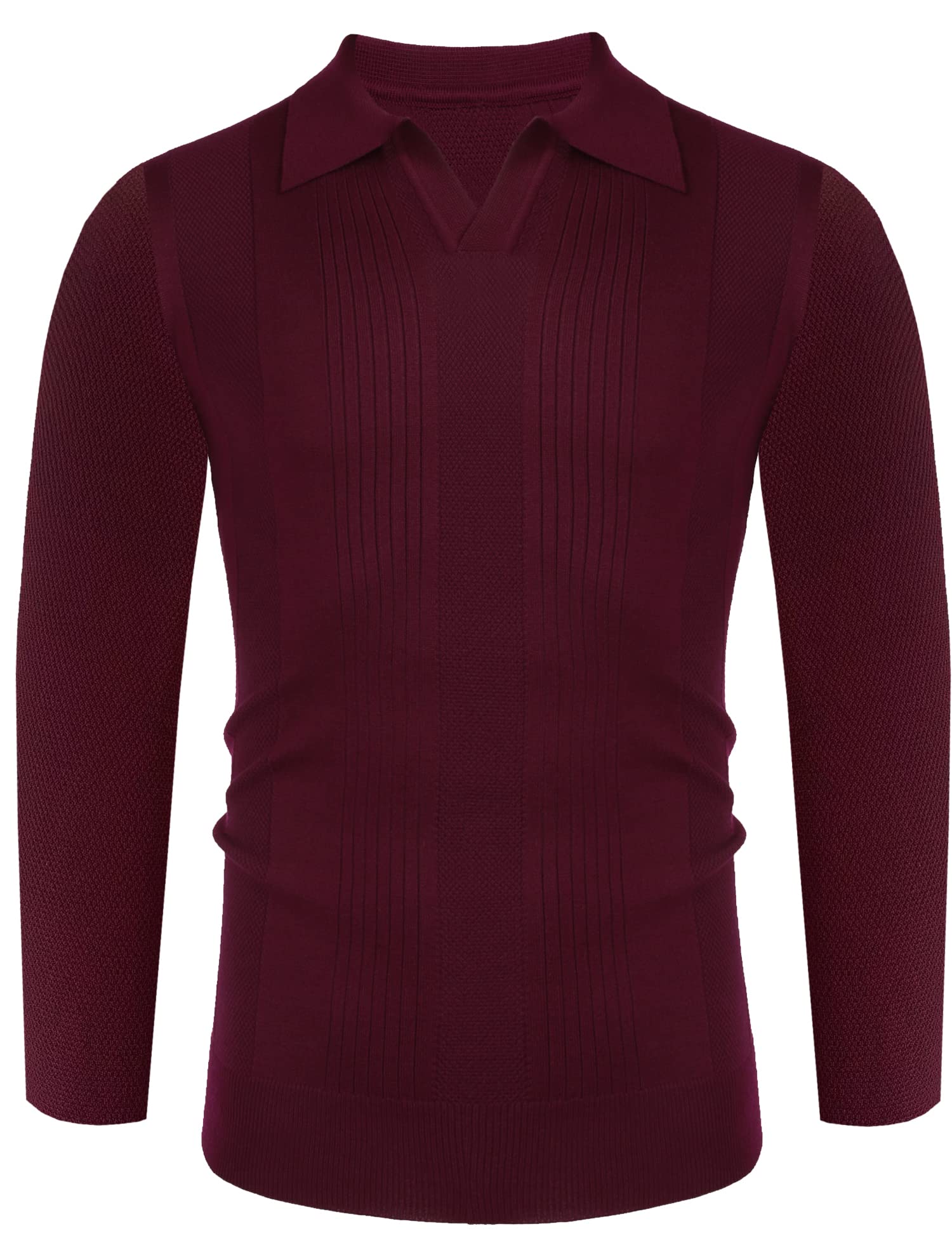 CHOMOLEZA Men's Slim Fit Knit Polo Shirt Long Sleeve Casual Basic Tee Stretch Golf Shirt Muscle Fit T-Shirt Wine Red M