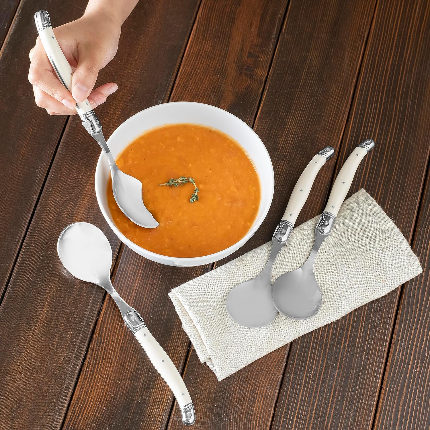 French Home Laguiole Soup Spoons with Faux Ivory Handles (Set of 4) β Stainless Steel Elegant Spoons - Soup Spoons Silverware Set β Dining Utensils Set - Large Soup Spoon Set - Silverware Soup Spoons