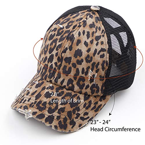 C.C Exclusives Washed Distressed Cotton Denim Criss-Cross Ponytail Hat Baseball Cap Bundle Hair Tie (BT-780)(BT-791) (A Elastic Band-Baby Leopard)