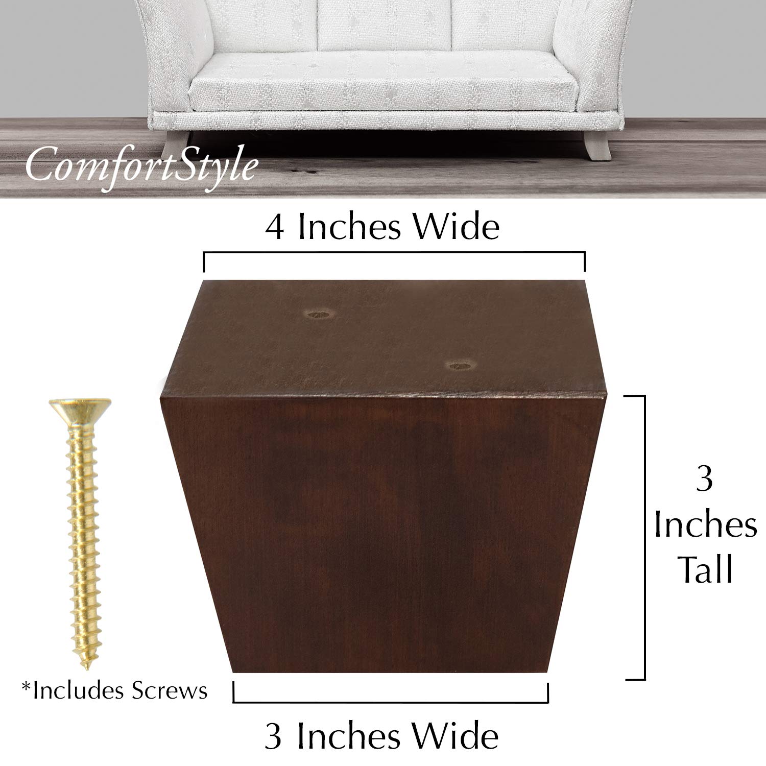 ComfortStyle Furniture Legs for Sofa Chair Couch or Ottoman, Set of 4 Replacement Feet, 3 Inch Tall, Square with Tapered Sides, Walnut Finish