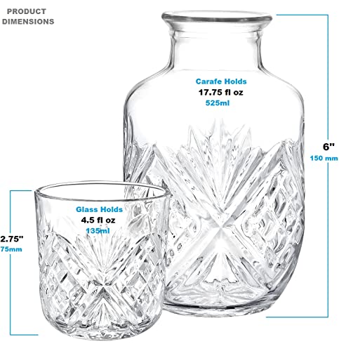 DUHALINE Crystal Bedside Carafe and Glass Set, Crystal Bedside Night Carafe Pitcher and Tumbler Glass Set, 2 Piece Water Pitcher And Cup Night Set (17.75 oz or 525 ml)