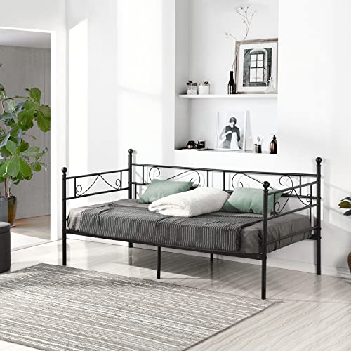 FurnitureR Metal Daybed Frame, Twin Size Metal Platform Bed with Headboard,Heavy Duty Steel Slats Support for Living Room Bedroom Guest Room, Black
