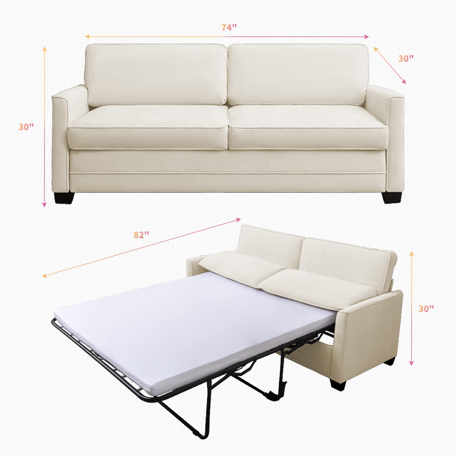 FRETSAE 2-in-1 Pull Out Sofa Bed, Convertible Velvet Sleeper Sofa Couch with Memory Foam Mattress, Large Sofa Pull Out Couch Bed for Living Room, Small Spaces, Queen Size, Beige