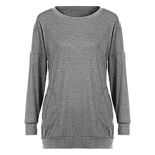 Drindf Women's Casual Loose Fit Tunic Tops Long Sleeve Comfy Pockets Sweatshirts Pullover Blouses Gray