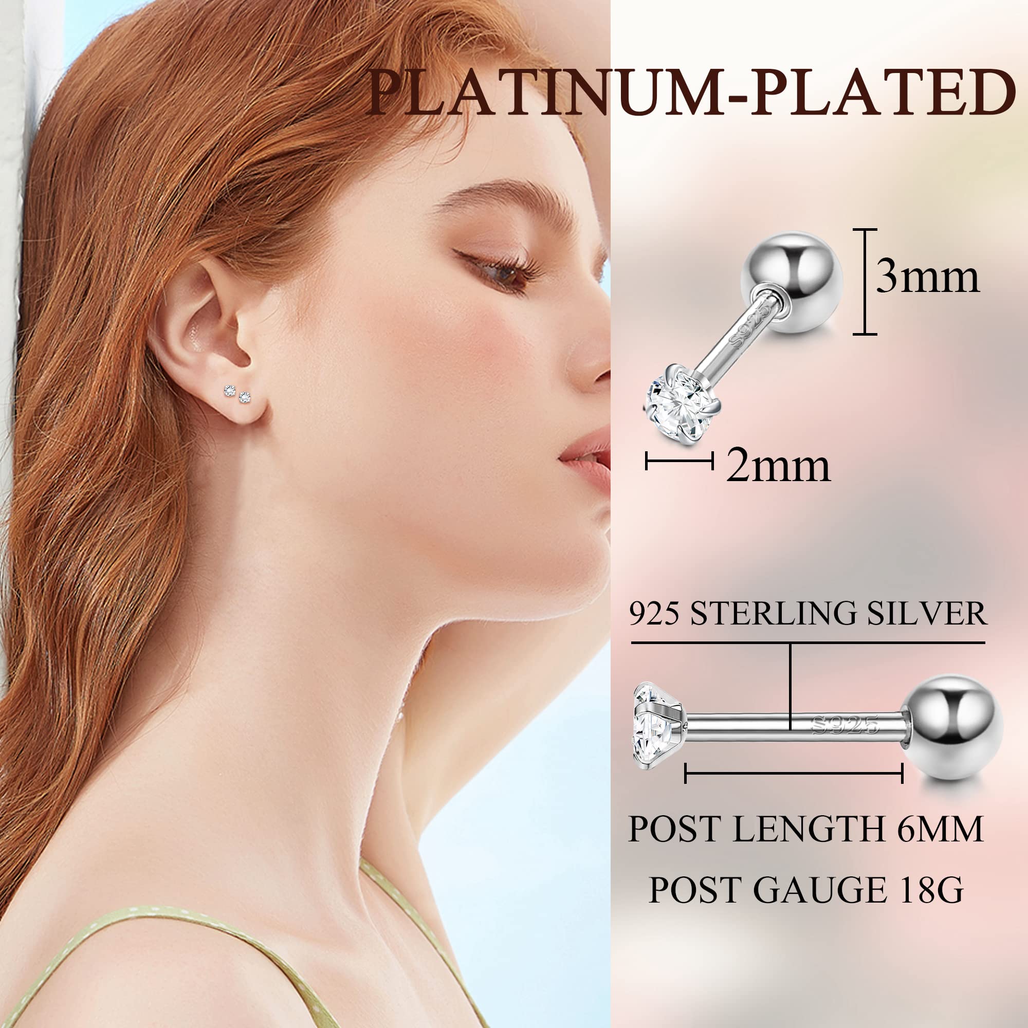 Cartilage Earring MUSECLOUD 925 Sterling Silver Flat Back Earrings For Women Men Cubic Zirconia Earrings Studs Ear Piercing Small Screw Back Earrings Set (2MM CZ, 3MM Ball)