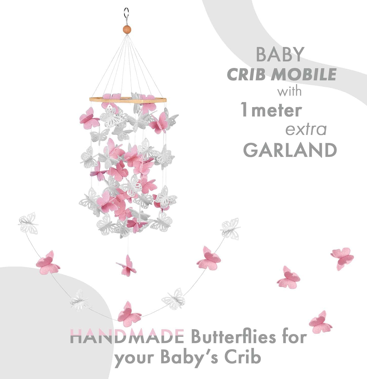 Just Joyer Baby Mobile for Crib Girl–Handmade with 45 Butterflies–Unique Toys Nursery Decor–Premium Felt Material with Wood Frame–Includes Butterfly Garland