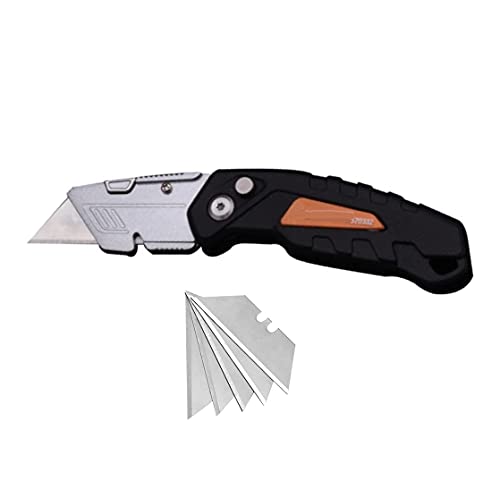 Edward Tools Folding Utility Knife with SK5 Replacement Blades - Foldable Razor Knife with Locking Release Button - Metal Belt Clip - Quick Snap Lock Blade Change - Wire Stripping Notch (1)
